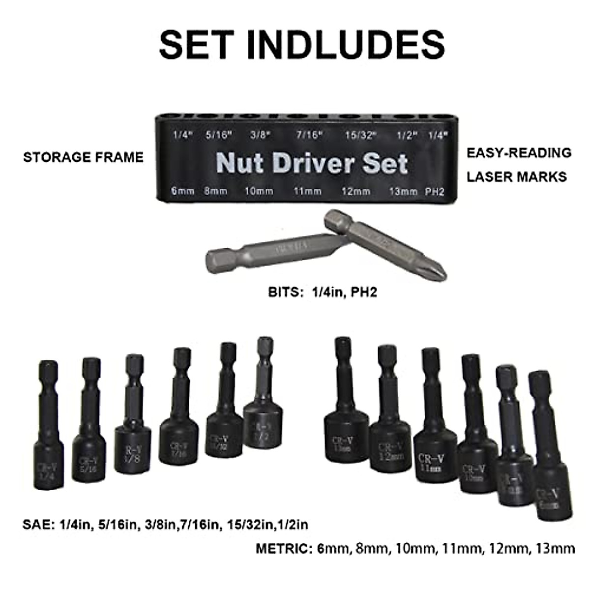 MacWork 14PC Power Magnetic Nut Driver Drill Bit Set Socket Bit Adapter metric&SAE Socket for Wrench Screw 1/4" Driver Hex