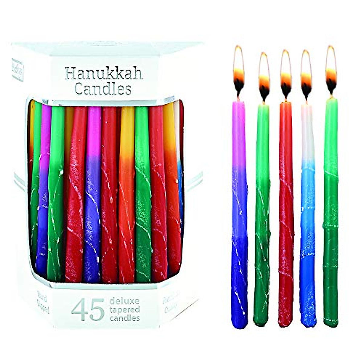 Deluxe Dripless Hanukkah Candle Set of 45 Premium Colorful Thin Tapered Candles for Standard Chanukah Menorah, Birthday Party, Celebrations Frosted Tri Color Candles by Aviv Judaica