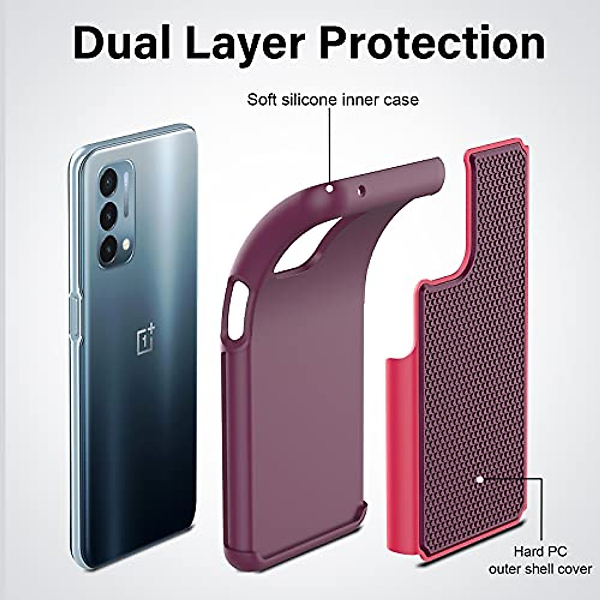 NTZW for OnePlus Nord N200 5G Case: Heavy Duty Shockproof Protective Phone Case [2 Tempered Glass Screen Protector] Anti-slip Textured Hard Cover + Soft Silicone Bumper, Military Armor Case - Burgundy