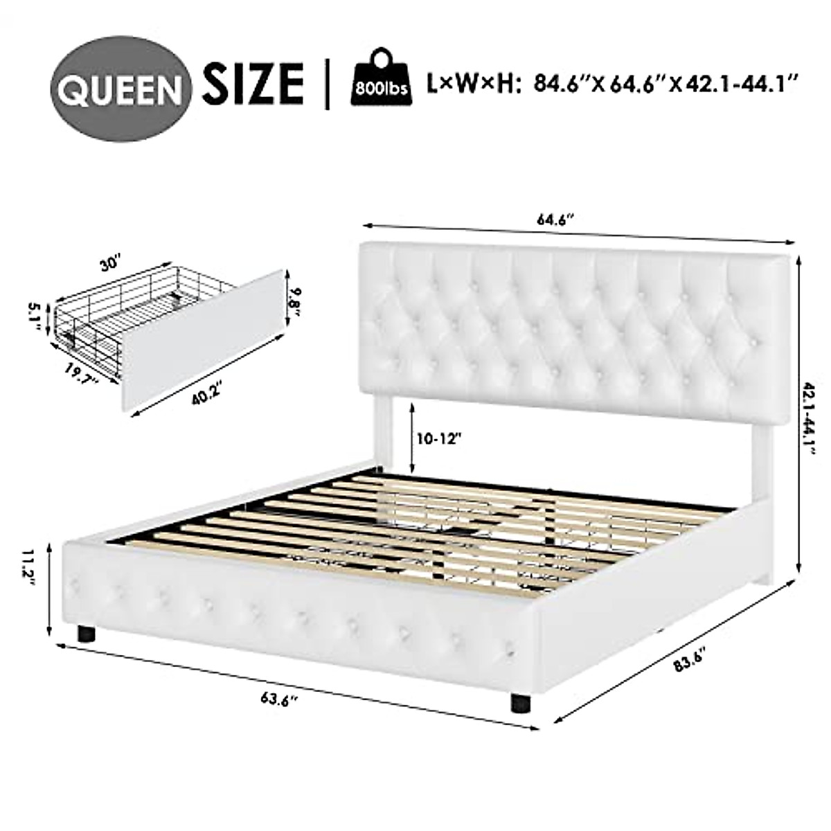 Keyluv Modern Upholstered Bed Frame with 4 Drawers, Button Tufted Headboard Design, Solid Wooden Slat Support, Easy Assembly, Queen Size, White