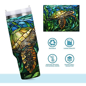 Slewiaeky Tumbler with Handle 40 oz Ocean Turtle Tortoise Travel Mug with Lid and Straw Sea Stainless Steel Vacuum Insulated Water Bottle Cup for Iced Tea Coffee Cold Beverages Cup Holder Friendly