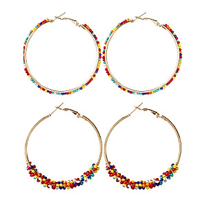 2 Pairs Bohemian Colorful Beads Circle Round Hoop Earrings Gold Hoop Dangle Earrings for Women Vintage Boho Jewelry-colorful