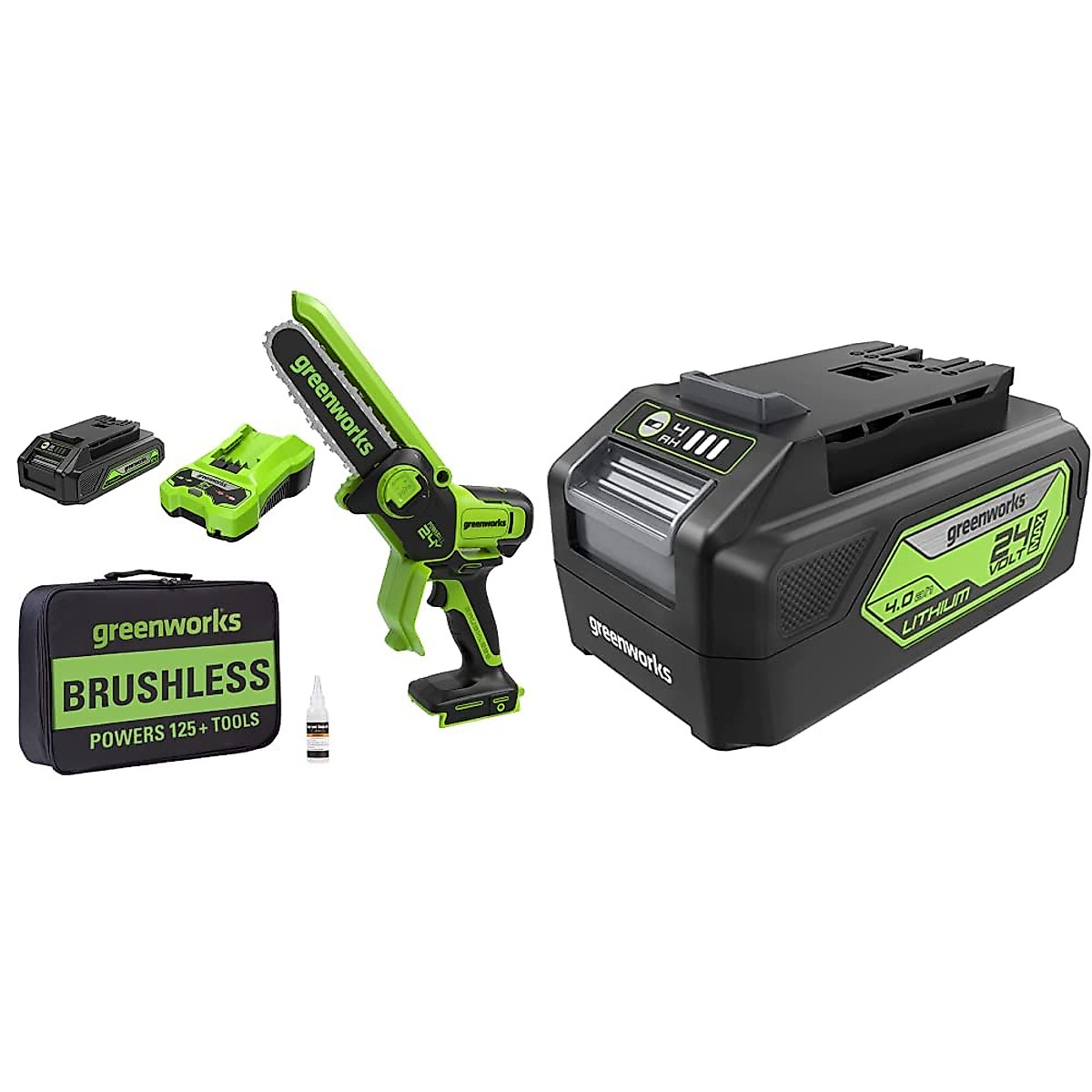 Greenworks 24V 6" TruBrushless™ Pruning Saw/Mini Chainsaw & 24V 4.0Ah Lithium-Ion Battery (Genuine Battery)
