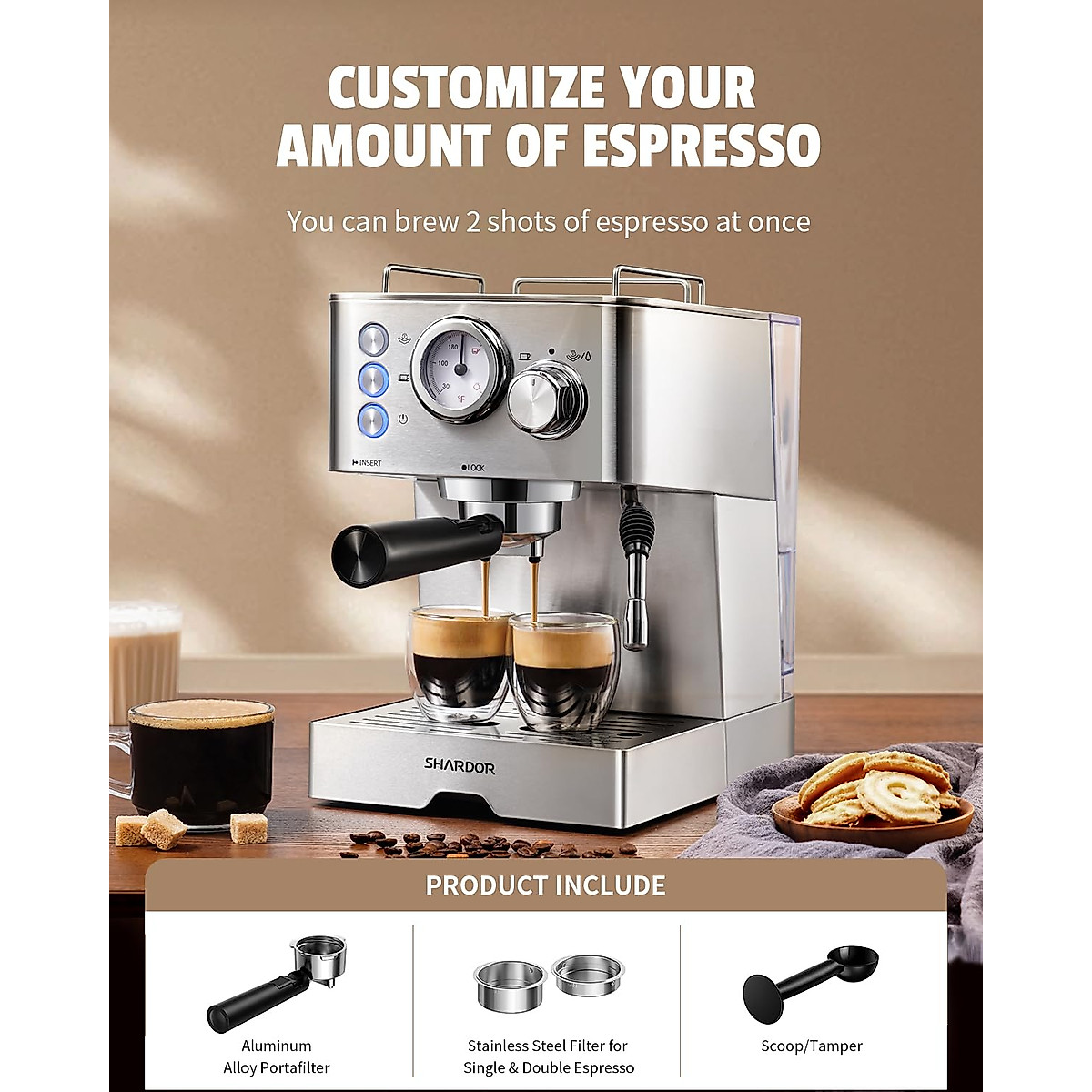 SHARDOR 20 Bar Espresso Machine,Fast Heating Expresso Coffee Machines for Home, Manual Latte & Cappuccino Maker with Milk Frother, 50 Oz Removable Water Tank, 1100W, Stainless Steel