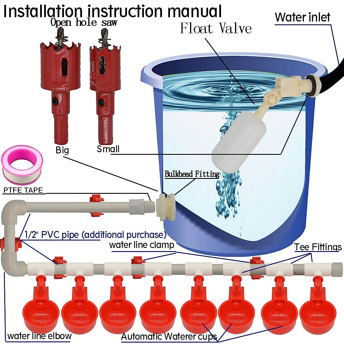 Complete Set Pipeline Automatic Chicken Nipple Waterer Cups and 1/2" PVC Tee Fittings Pipe Feeder Poultry Waterer Chicken Waterer Chicken Water Cup Chicken Waters Chicken Watering System