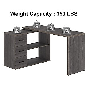 HSH L Shaped Desk with Drawers, L Shape Computer Desk with Storage Cabinet Shelves, Reversible Modern Industrial Home Office Corner Desk, Rustic Wood Executive Writing Gaming Study Table, Gray 55 Inch