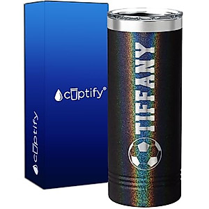 Personalized Soccer Ball Tumbler with Lid Laser Engraved on Black Glitter 22 oz Stainless Steel Insulated Cup Birthday Gift for Men, Women, Sports Lover