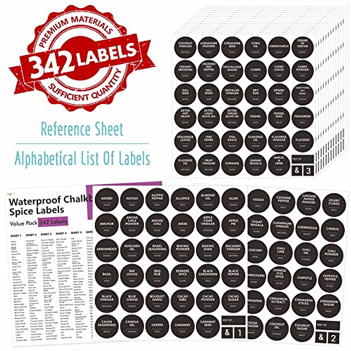 Hebayy 342 Removable Spice Labels,304 Pre-Printed Herb Seeds Seasoning Sauce Oil Vinegar Round Stickers,38 Blank Ones,Waterproof Oil & Tear Resistant,No Residue for Kitchen Pantry Containers Jars