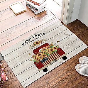 Doormat Bath Rugs Non Slip Red Truck Yellow Sunflower Vintage Retro Farm Wood Board Washable Cover Floor Rug Absorbent Carpets Floor Mat Home Decor for Kitchen Bathroom Bedroom (16x24)