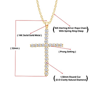 AFFY 0.30 Carat (Cttw) 14K Solid Yellow Gold Round Diamond Ladies Cross Pendant 1/3 CT (Silver Chain in cluded)