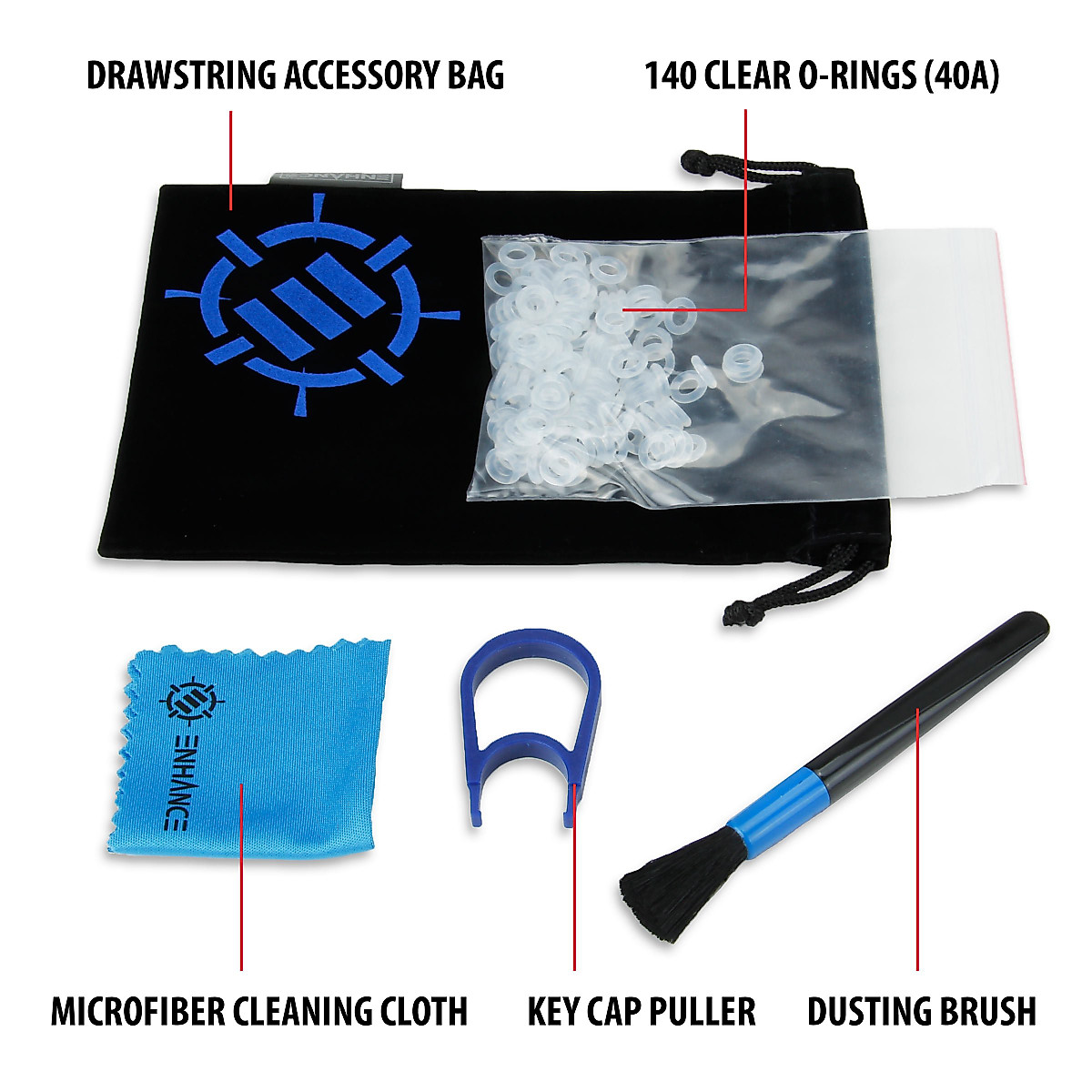 ENHANCE Mechanical Keyboard O Ring Ultra-Quiet Switch Sound Dampeners Kit Soft 40A Clear (140pcs), Key Cap Remover, Cleaning Brush, Cloth and Accessory Bag - Mod Kit for Cherry MX, TTC, Kaihua