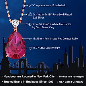 Gem Stone King 18K Rose Gold Plated Silver Pear Shape Red Created Ruby Pendant Necklace For Women 13.77 Cttw, with 18 Inch Chain)
