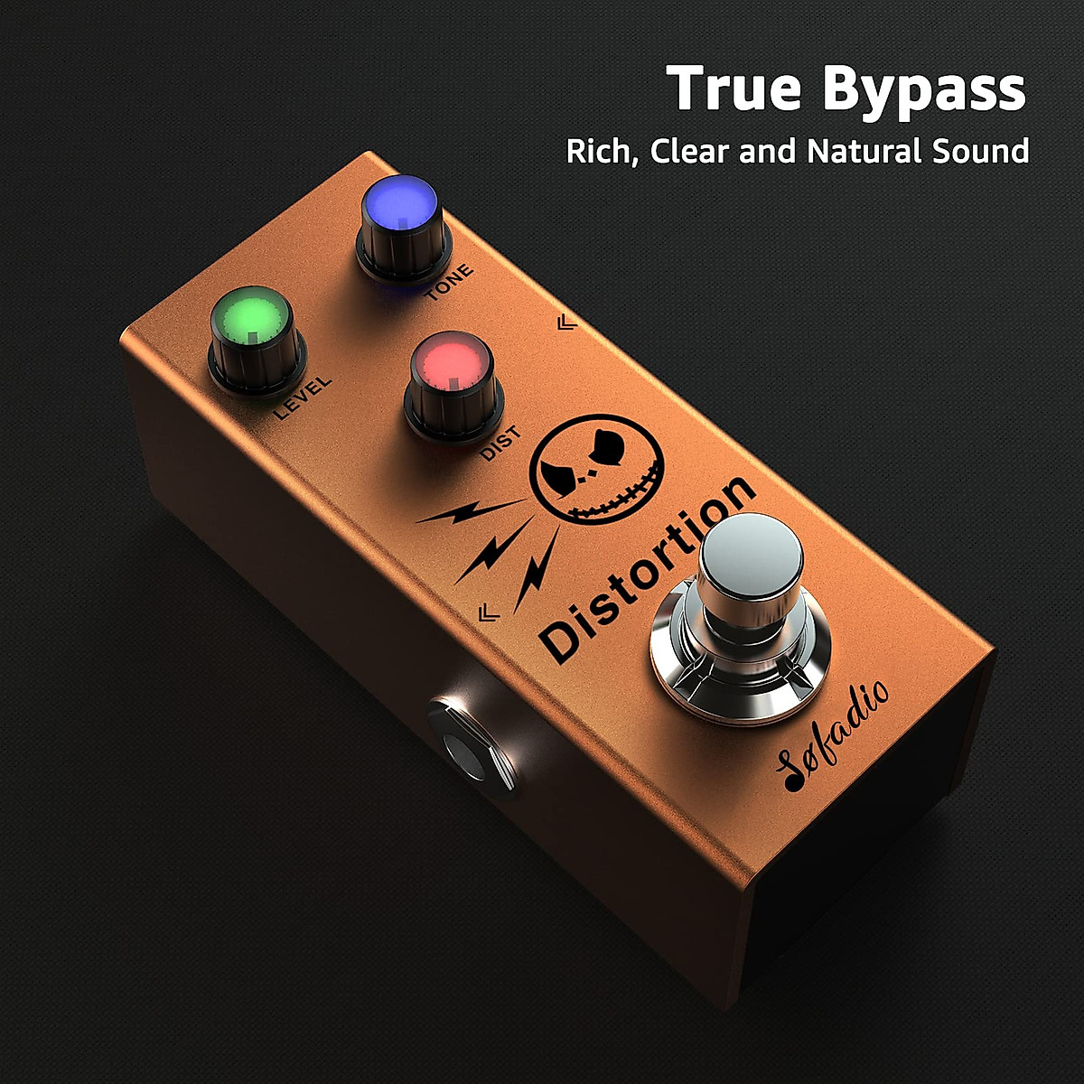 Sofadio Distortion Guitar Pedal, True Bypass DC 9V Mini Single Effect Pedals for Electric Guitars with Color LED Buttons Easy to Use in Dark Environment