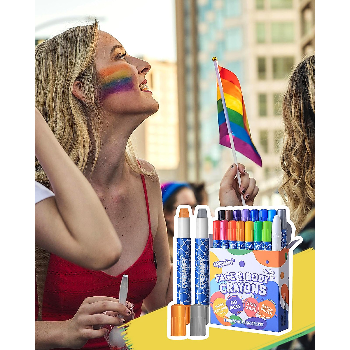 Creamify Rainbow Colors Face Painting Kits- 16 Colors Twistable Face Paint Marker Sticks with 2 Brushes, LGBT Washable Face Paint Crayons Kit, Birthday, Pride Day