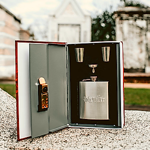 Funderstood Dracula Holy Water Hidden Barware Book Safe, Gothic Secret Liquor Flask with Two Stainless Steel Shot Glasses, Gothic Gift Set, Goth Decor - 2.25” X 6.125” X 9.5”