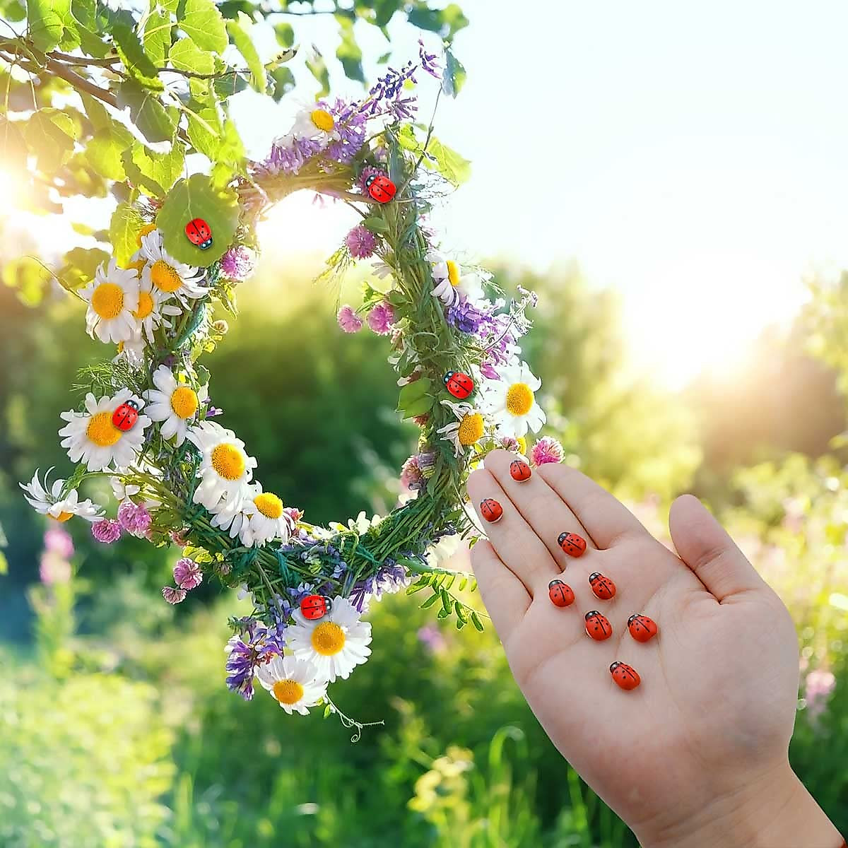 100 Pieces Wooden Ladybugs for Crafts DIY Self-Adhesive Mini Ladybugs Tiny Ladybug Decoration for Craft Scrapbooking Micro Landscape Party Home Garden Decor Flatback Wood Ladybugs Embellishments (Red)