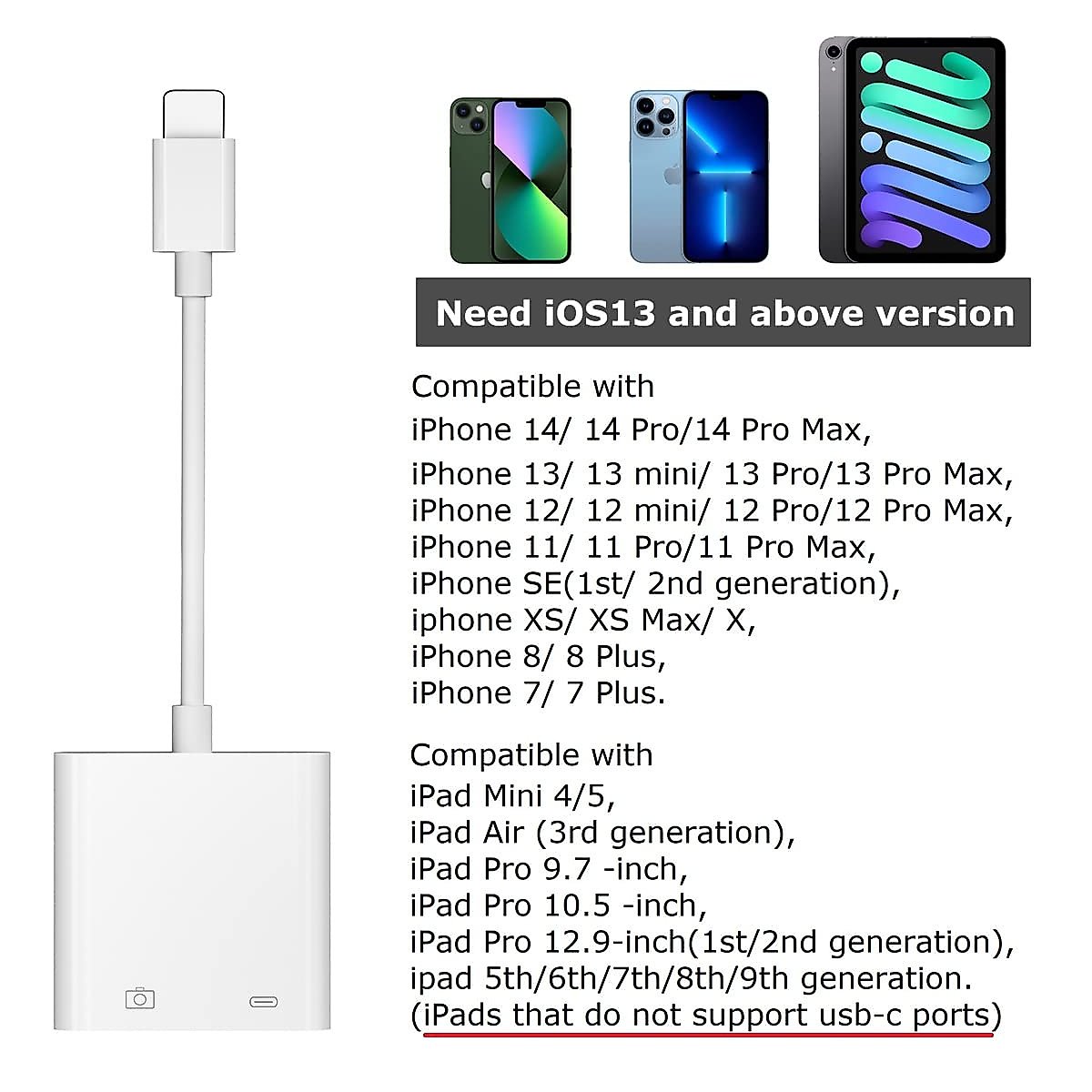 USB Camera Adapter for iPhone, USB A Female OTG Cable Adapter with Charging Port, Portable USB Converter for iPad Support USB Flash Drive, USB Card Reader, Keyboard...(Plug and Play)