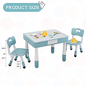 CuFun 4 in 1 Kids Table and 2 Chairs Set, Toddler Table and Chair Set for Kids Ages 3-10, Activity Table for Building Blocks/Drawing/Reading/Dining，Gift for Boy & Girl (Grayish Blue)