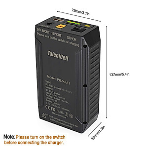 Talentcell 24V Lithium ion Battery PB240A1, Rechargeable 22400mAh 82.88Wh Li-ion Batteries Pack with DC 24V/12V and 5V USB Output for LED Light Strip, CCTV Camera, Smartphone and More