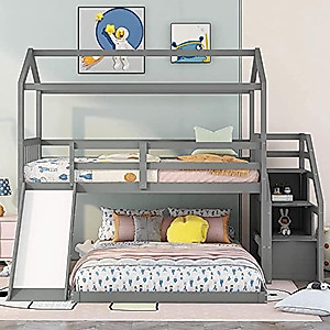 DNYN Stairway Twin Over Full Bunk Bed with Slide and Storage Staircase for Kids Bedroom,House Shaped Wooden Bedframe w/Full-Length Guardrails,No Box Spring Needed, Gray