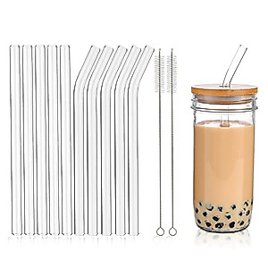 RENYIH 10 Pcs Reusable Glass Boba Straws,9''x14 mm Wide Glass Drinking Straws Jumbo Smoothie Straws for Bubble Tea,Milkshakes,Set of 5 Straight and 5 Bent with 2 Cleaning Brushes -Dishwasher Safe