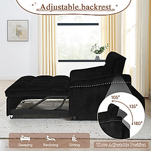 3 in 1 Sleeper Sofa Couch Bed with USB & Type C Port, 52" Small Modern Convertible Tufted Velvet Loveseat Sofa w/Pull Out Bed for Living Room Small Space Apartment, Black