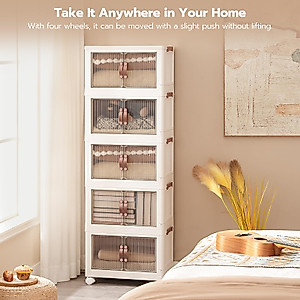 HOOBRO 11 Gal Plastic Storage Bins with Lids, 5 Packs Folding Storage Box with Doors and Wheels, Collapsible Storage Bins Stackable Storage Organizers and Storage Containers Box, White WG542CW01