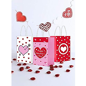 MISS FANTASY Valentine Gift Bags 12 Pack Valentine Day Gift Bags for Kids Party Valentine Paper Goodie Bags Valentine Cookie Candy Bags with Handles for Valentine Party Supplies