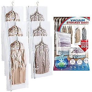 LEVERLOC Hanging Vacuum Storage Space Saver Bags for Clothes Winter Coat Garment Dress Jacket Suit Sweater Clothing Hanger Closet Organizer, Upgrade Valve Side Expandable 80% Space Save 6 Packs, 3 Long 3 Short