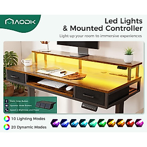 AODK Electric Standing Desk with Drawers & Keyboard Tray, 47 Inch Height Adjustable Small Gaming Desk with Power Outlets & LED Lights, Sit Stand Table with Monitor Stand for Home, Office, Rustic Brown