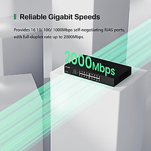 Tenda TEG1016D, Unmanaged 16 Port Gigabit Switch, Rackmount Ethernet Switch, Plug & Play, Fanless & Metal Design Network Switch, Limited Lifetime Protection