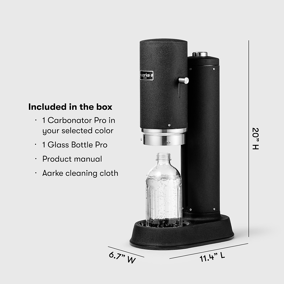aarke Carbonator Pro, Sparkling & Carbonation Water Machine, Stainless Steel with Glass Reusable Bottle Volume 800 mL (Matte Black)