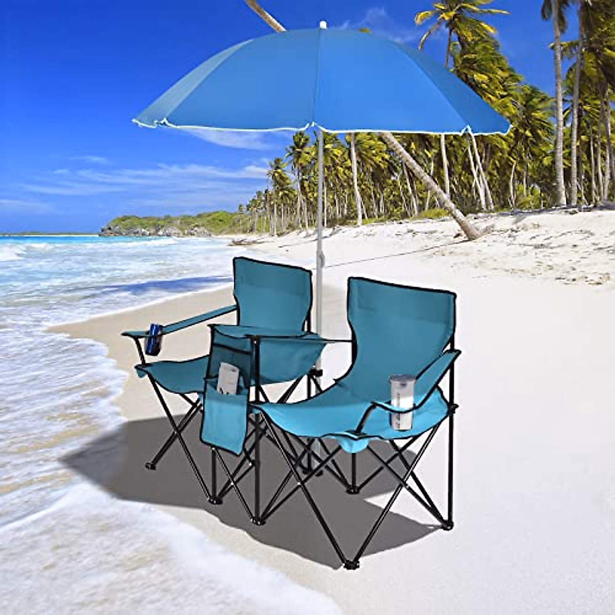 ARLIME Double Folding Beach Chairs, Outdoor Picnic Portable Loveseat Chairs with Removable Umbrella & Mini Table Carrying Bag, Camping Chair for Patio, Pool, Park (Turquoise)