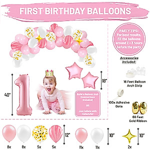 Baby Girl First Birthday Decorations - 1st Birthday Girl Decoration Pink Gold Party Supplies - Happy First Birthday Banner, Number 1 Balloon and Crown, Balloon Arch, High Chair Banner, ONE Cake Topper
