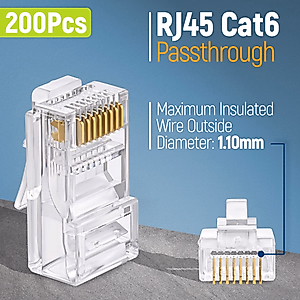 Everest Media Solutions RJ45 Cat6 Pass Through Connectors - Pack of 200 - EZ to Crimp Modular Plug for Solid or Stranded UTP Network Cable - Male Ethernet Connector End