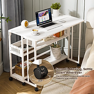 Gezen Folding Desk with Double Storage Shelves, Small Rolling Desk with Wheels for Living Room Bedroom, Mobile Computer Desk Portable Laptop PC Desk Writing Table for Small Space, 31.5", White Marble