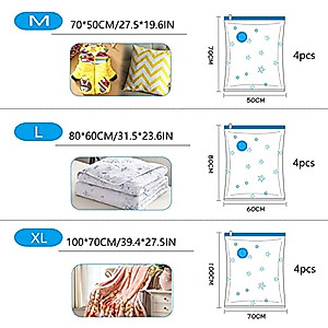 Vacuum Storage Bags, Reusable Compression Space Saver Bags, 12 Pack, 4 X Medium, 4 X Large, 4 X Extra Large, With Free Hand Pump, for Travel, Clothes, Mattress, Blanket, Pillows, Comforters