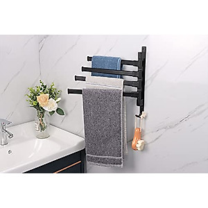 TocTen Swivel Towel Rack, Rustproof and Durable Space Saving Towel Hanger, Towel Bar Swing Out 180° Rotation, Wall Mounted/Glue Mounted Towel Rod with Hook for Bathroom, Kitchen (4-Arm, Black)