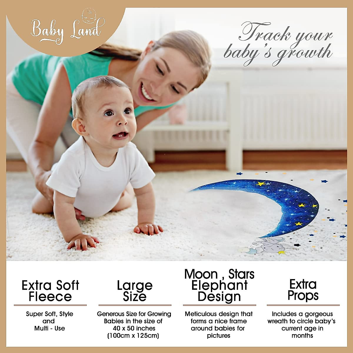 Baby Milestone Blanket Boy and Girl- Elephant and Moon Design, Baby Boy Gifts, Nursery Decor Baby Shower, Newborn Baby Blanket, Baby Growth Chart Blanket, Baby Milestone Blanket 50x40