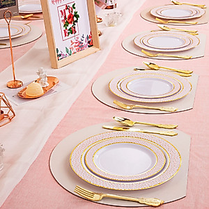 Liacere Plastic Plates, 102PCS Pink w/Gold Rim - Classic Style Disposable Plates for Mother's Day, Party, Easter & All Occasions