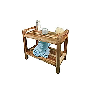 EcoDecors Eleganto Earthy Teak Shower Bench 2-Tier Wooden Seat Spa Shower Stool with Storage Shelf and LtAide Arms,for Indoor and Outdoor- 24 Inches