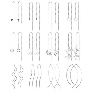 Sanfenly Threader Earrings for Women Stainless Steel Bar Dagger Heart Flower Moon Star Sun Butterfly Threader Drop Dangle Earrings Curved Spiral Wire Lightweight Long Tassel Chain Threader Earrings