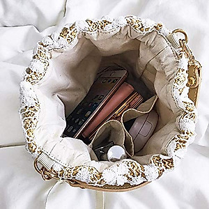 Puedo Exquisite Beach Clutch Purse Bag Bucket Bag Lace Handmade Straw Woven Sling Handbag Shoulder Crossbody Bag for Women, Beige, One Size