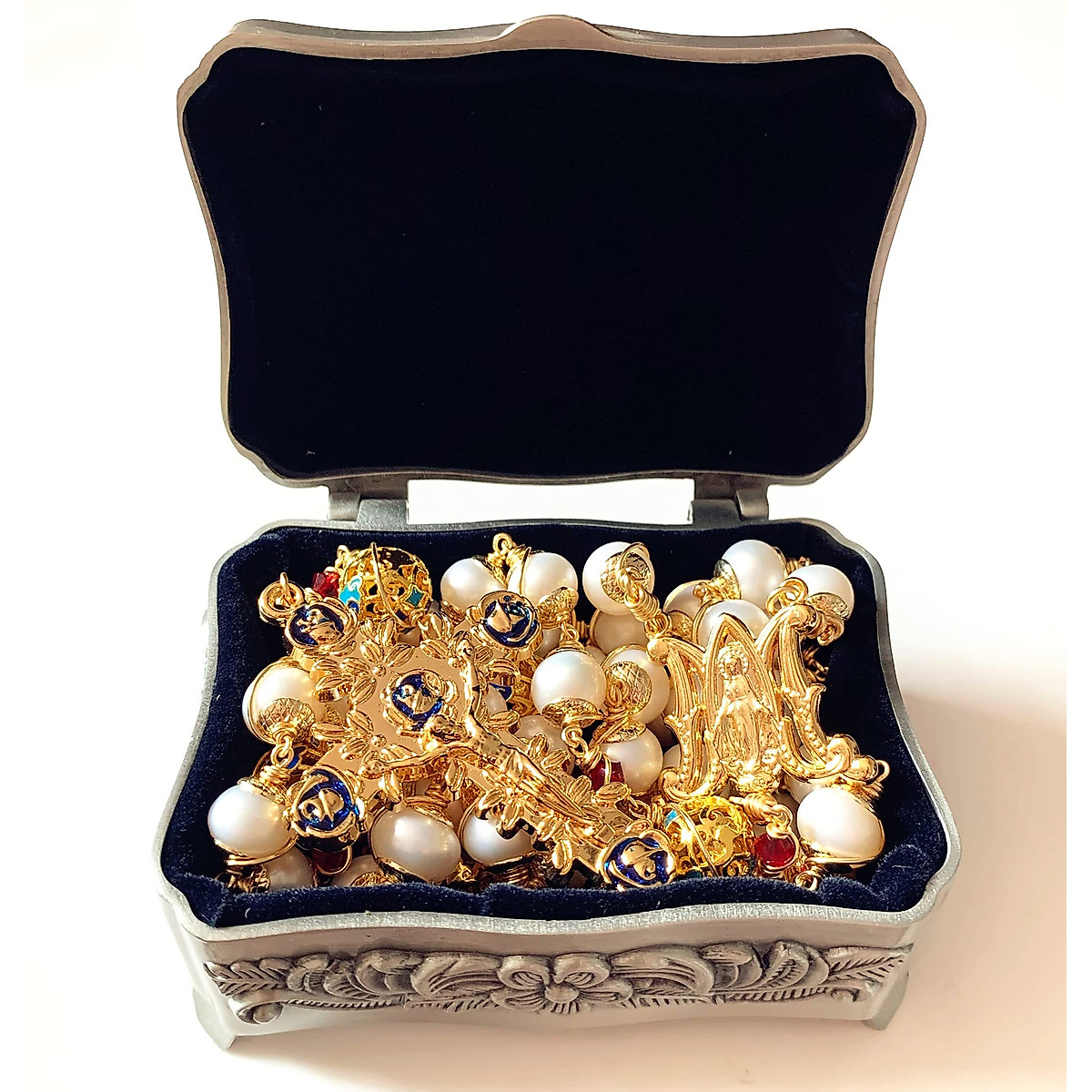 elegantmedical HANDMADE Gold Wire Wrapped Bead AAA White 9mm Real Pearl & Enamel Bead Rosary Cross NECKLACE BOX