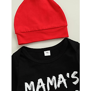 Vervocedenovo Newborn Baby Boy Valentines Day Outfit Mama 's Boy Bodysuit Romper Heart Long Pants Hat 3Pcs Clothes Set (Black Red, 12-18 Months)
