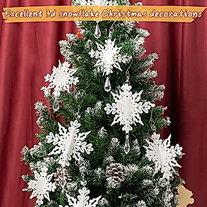 White Christmas Snowflake Ornaments - 8Pcs Plastic 3D Glitter White Snowflake Ornaments with Crystal Pendant and Hook for Christmas Tree Decorations Winter Wonderland Frozen Birthday Party Supplies
