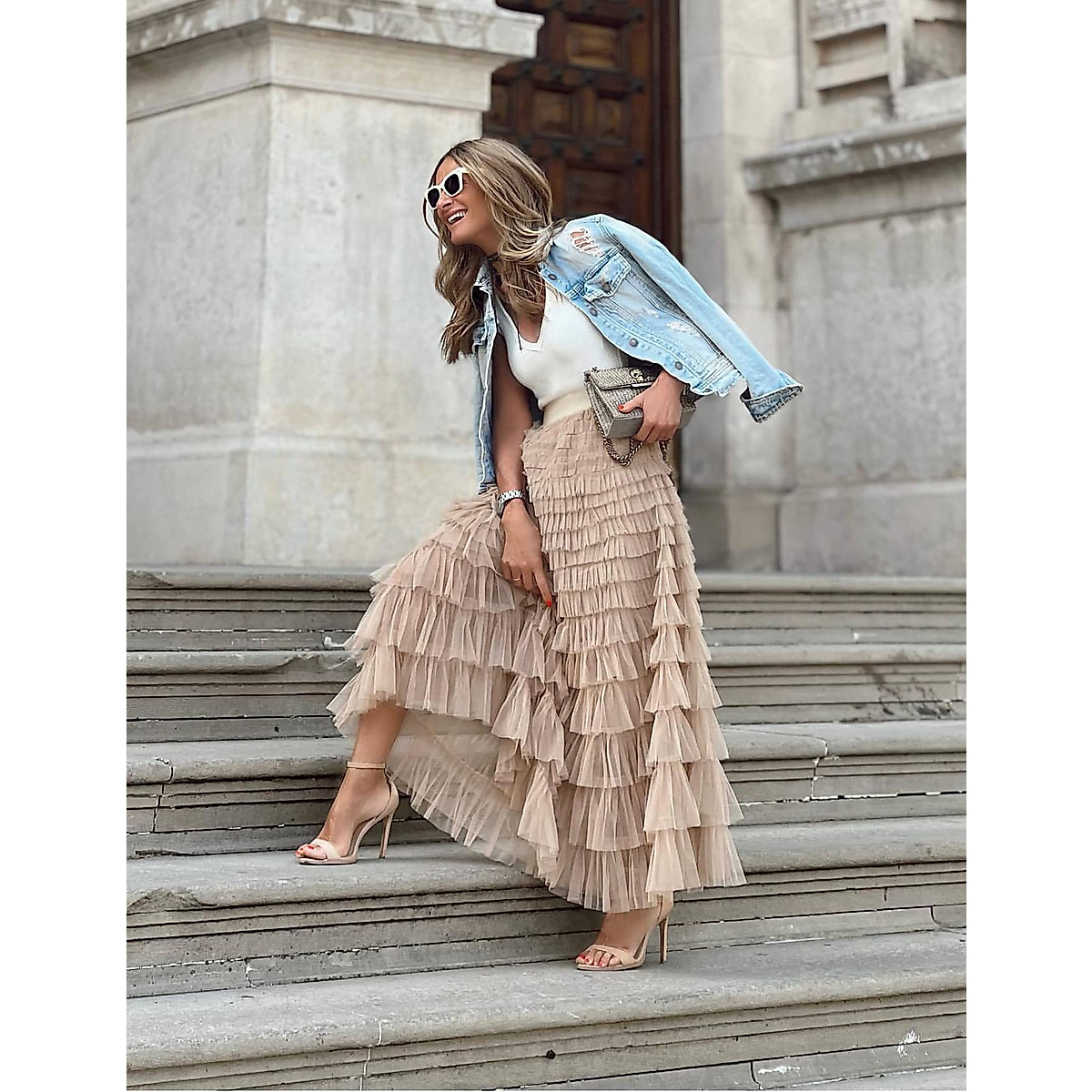 Perbai Womens Long Maxi Tiered Tulle Skirt High Waisted A Line Layered Mesh Tutu Skirts Petticoat(Champagne-M)