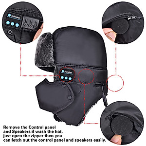 JOYSICAL Trapper Hat Bluetooth Warm Winter hat Ski Mask for Men Women, Faux Fur Russian Hat with Speaker Headphones Earflap, Black
