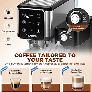 TENKER Espresso Machine 20 Bar, Cappuccino Machine with Automatic Milk Frother, Latte Machine in Stainless Steel Design, 1350W Touchscreen Coffee Maker for Home and Office (Silver)