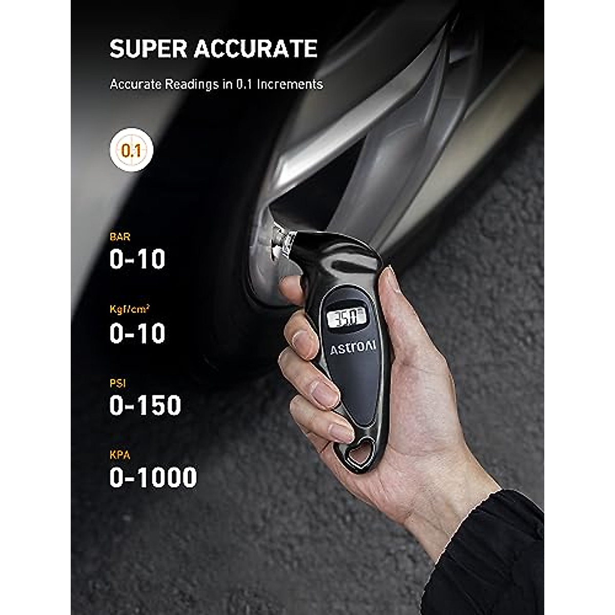 AstroAI Digital Tire Pressure Gauge with Replaceable AAA Batteries, 150 PSI 4 Settings Stocking Stuffers for Car Truck Bicycle Backlit LCD Non-Slip Grip Car Accessories, Black